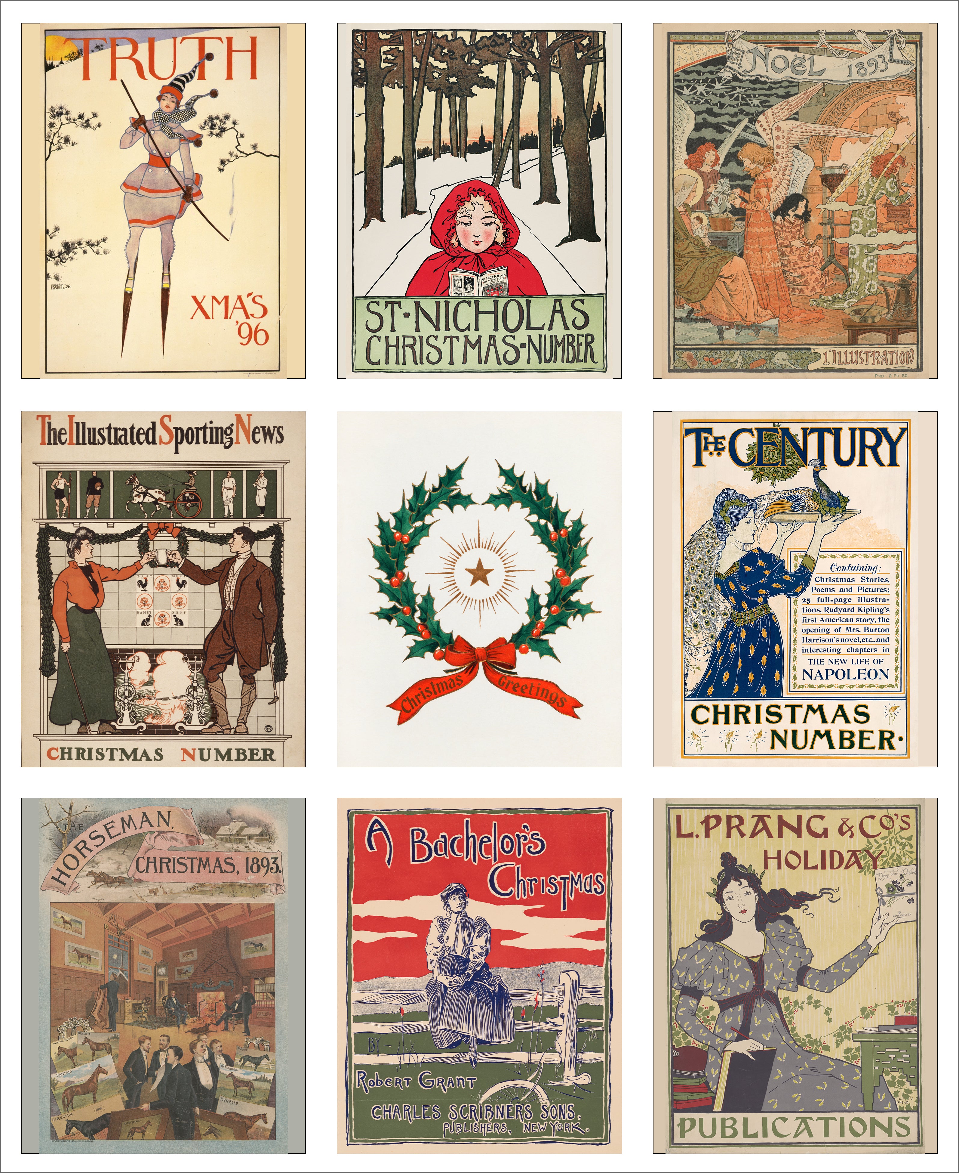Set of 9 Mini Vintage Art Fabric Prints | Festive Illustrations ...